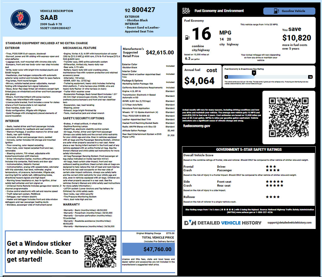Saab Window Sticker by VIN Lookup | Get Saab Build Sheet
