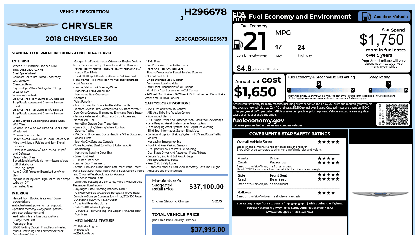 Chrysler Window Sticker by VIN: View Features and Specs