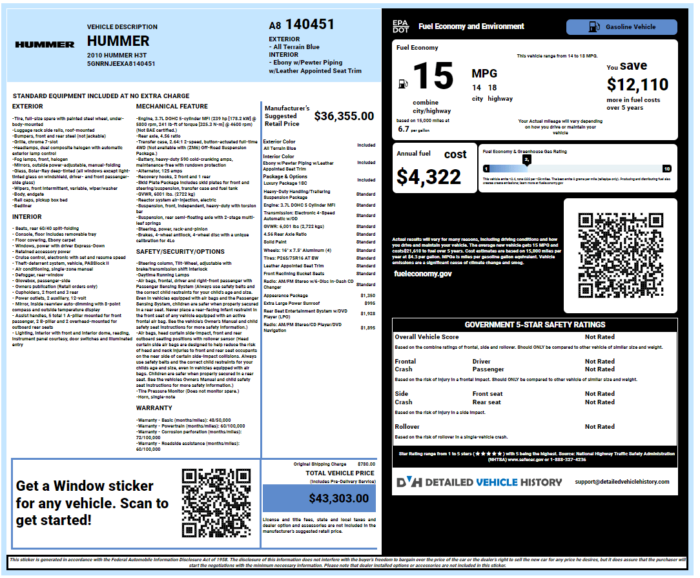 Hummer Window Sticker by VIN Lookup - Hummer Build Sheet