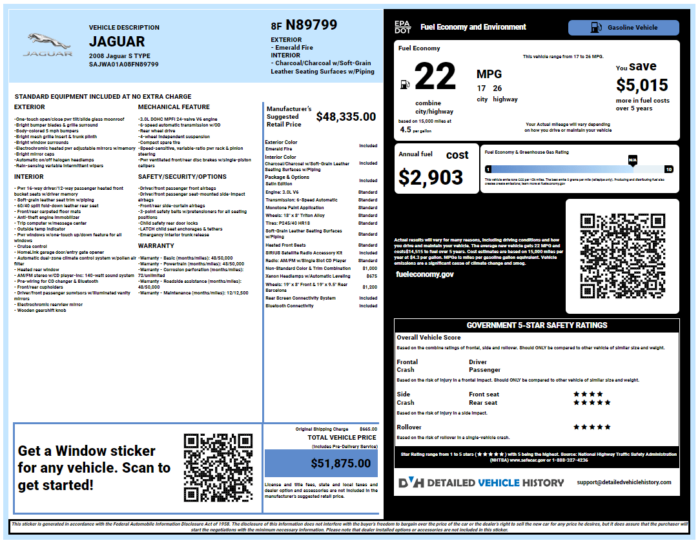 Jaguar Window Sticker By VIN Lookup - Jaguar Build Sheet