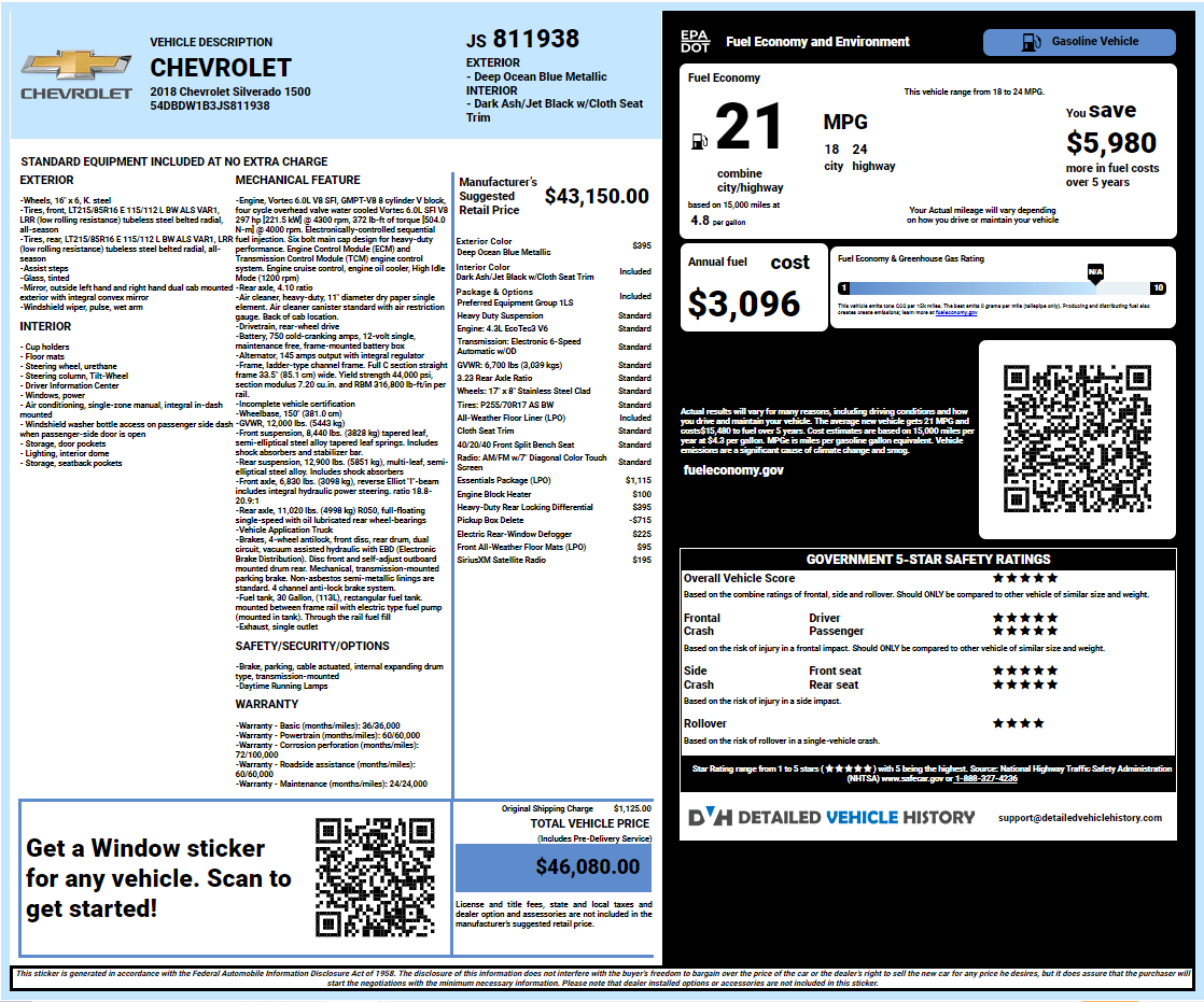 Chevrolet Window Sticker by VIN | Get Your Chevy Build Sheet