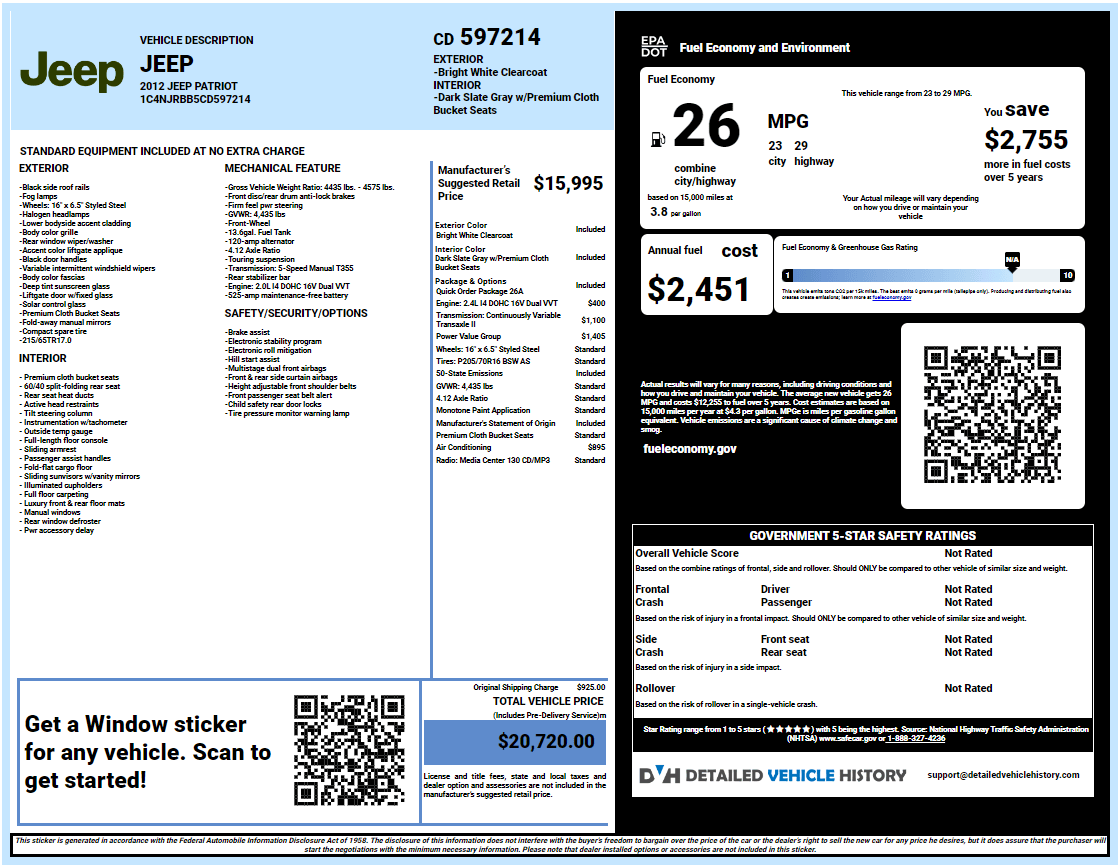 Jeep Window Sticker | Build Sheet by VIN Number