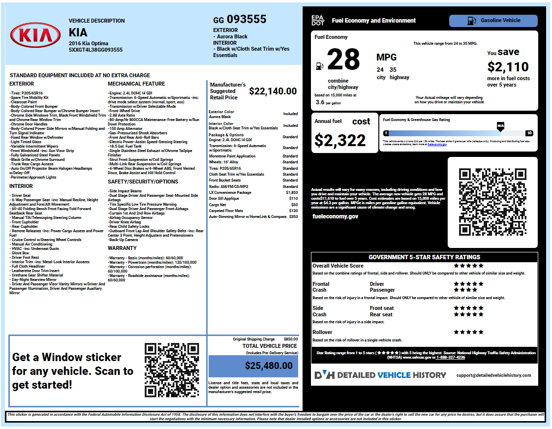 Kia Window Sticker by VIN or Plate: View Specs & Features
