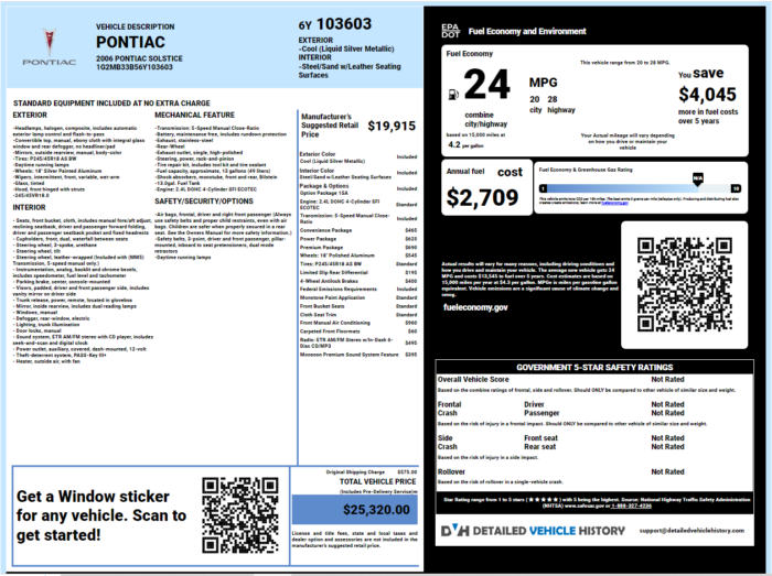 Pontiac Window Sticker Lookup By VIN: Build Sheet